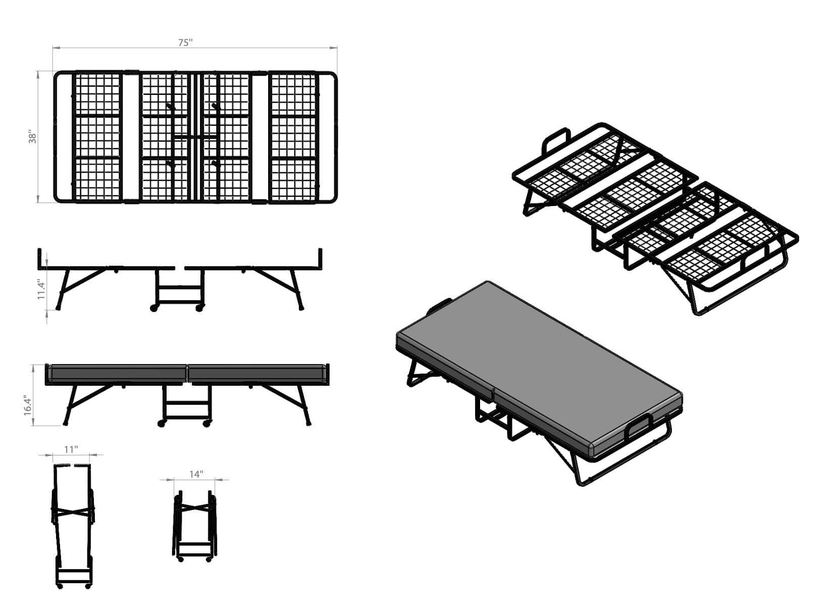 SAYRE SLEEP Folding Bed with Memory Foam Mattress - 75x38 Twin Size Bed Frame - Roll Away Adult Bed for Guest - Portable and Foldable - Strong Back Support- Easy Assemble
