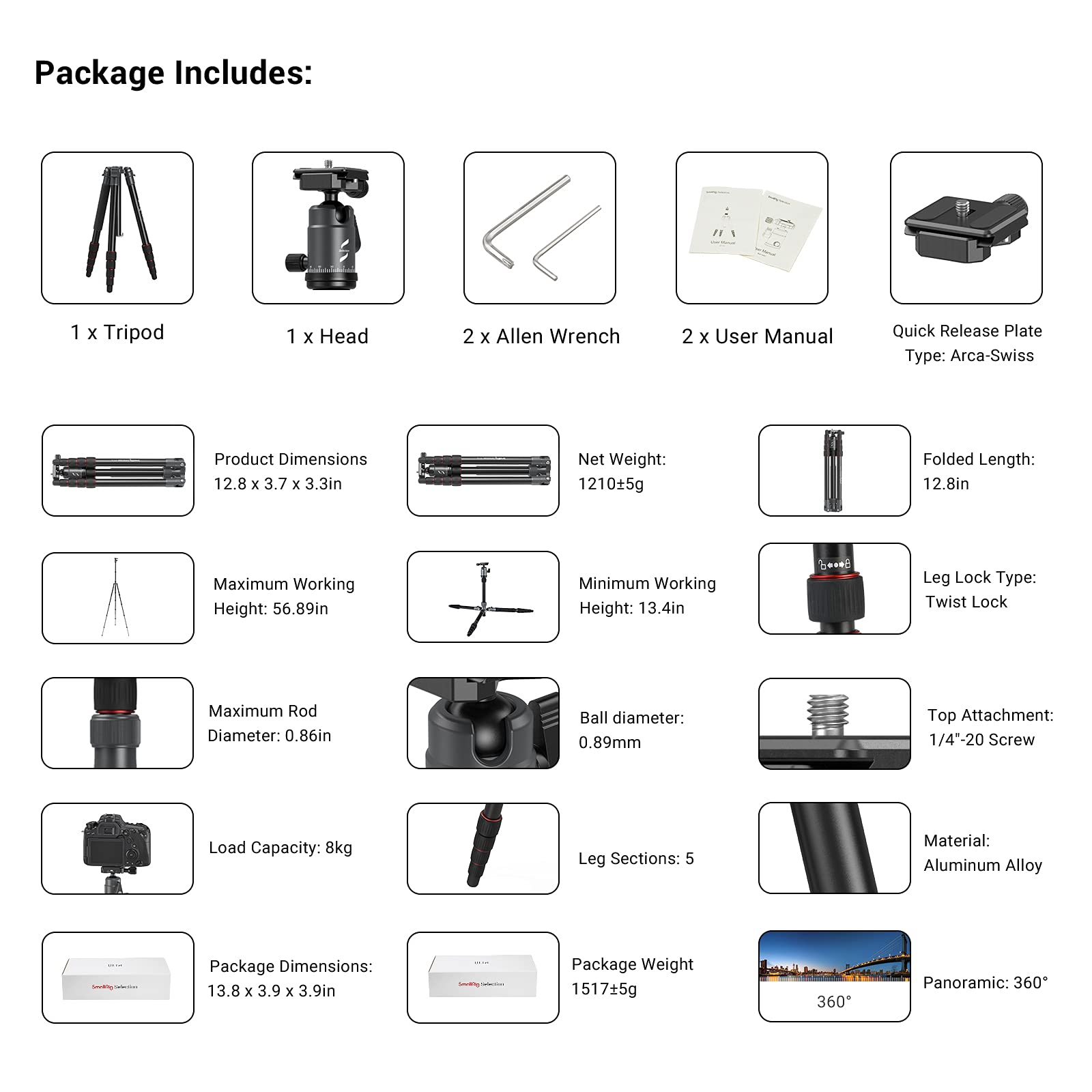 SmallRig Selection Lightweight 57" Aluminum Camera Tripod, Fodable DSLR Tripod for Travel, w/ 360 Degree Ball Head Quick Release Plate, Max. Payload 17.6lb, Adjustable Height 13.3"-57" - 3257