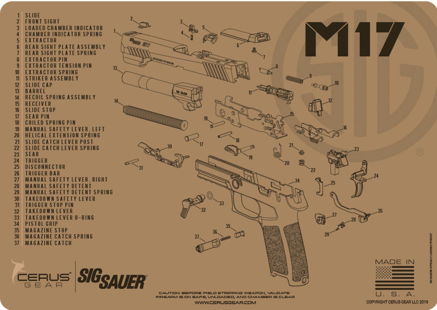SIG M17 TAN 5 PC EDOG Cerus Gear Schematic (Exploded View) Heavy Duty Pistol Cleaning 12x17 Padded Gun-Work Surface Protector Mat Solvent & Oil Resistant & 3 PC Cleaning Essentials & Clenzoil