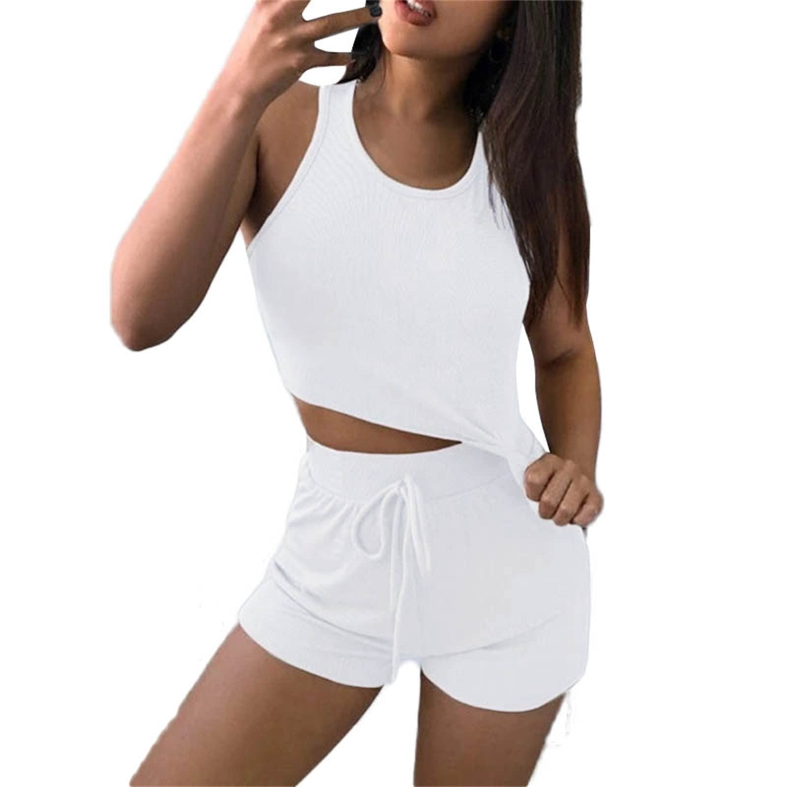 Women 2 Piece Solid Color Workout Set Casual High Waist Running Short Yoga Sport Vest Exercise Outfits Drawstring Sets White