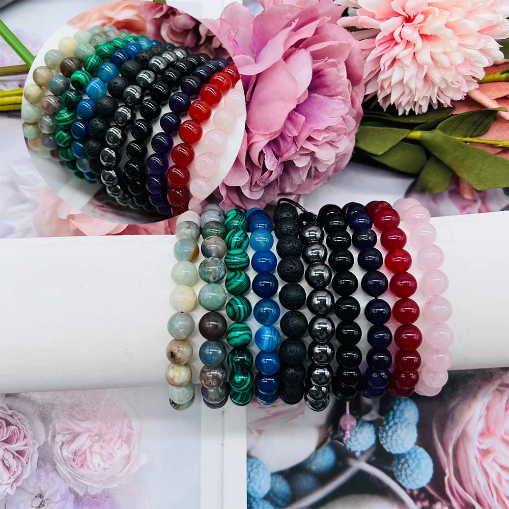 WAINIS 10PCS 8mm Gemstone Beaded Bracelets for Men Women Healing Stretch Bead Bracelets Set Adjustable Crystal Semi-precious Bracelets Unisex
