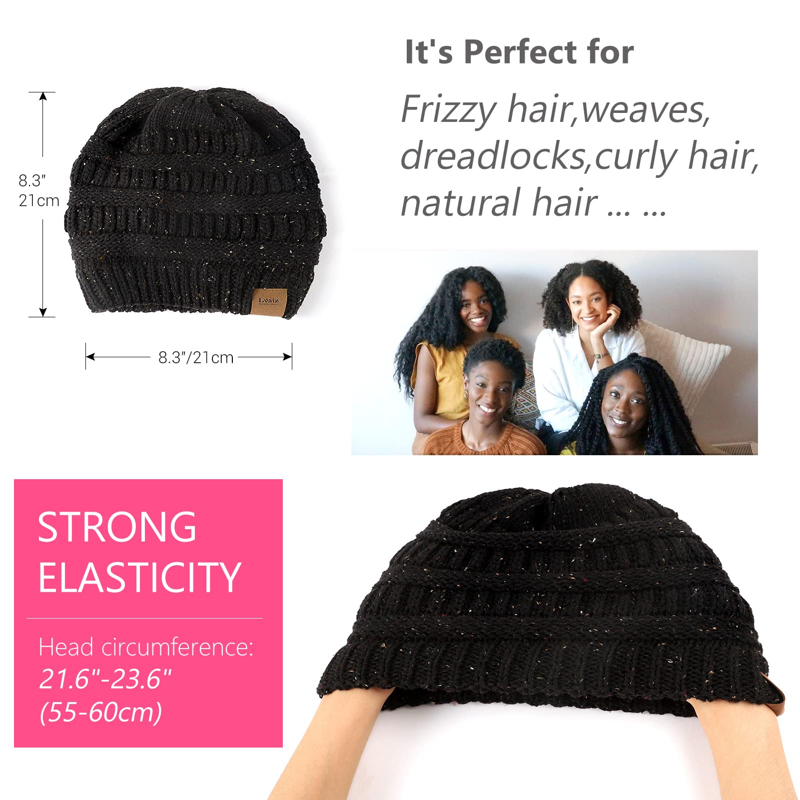 Winter Knitted Satin Lined Hats for Women Slouchy Cable Beanie Silky Soft Washed Warm Hat Black