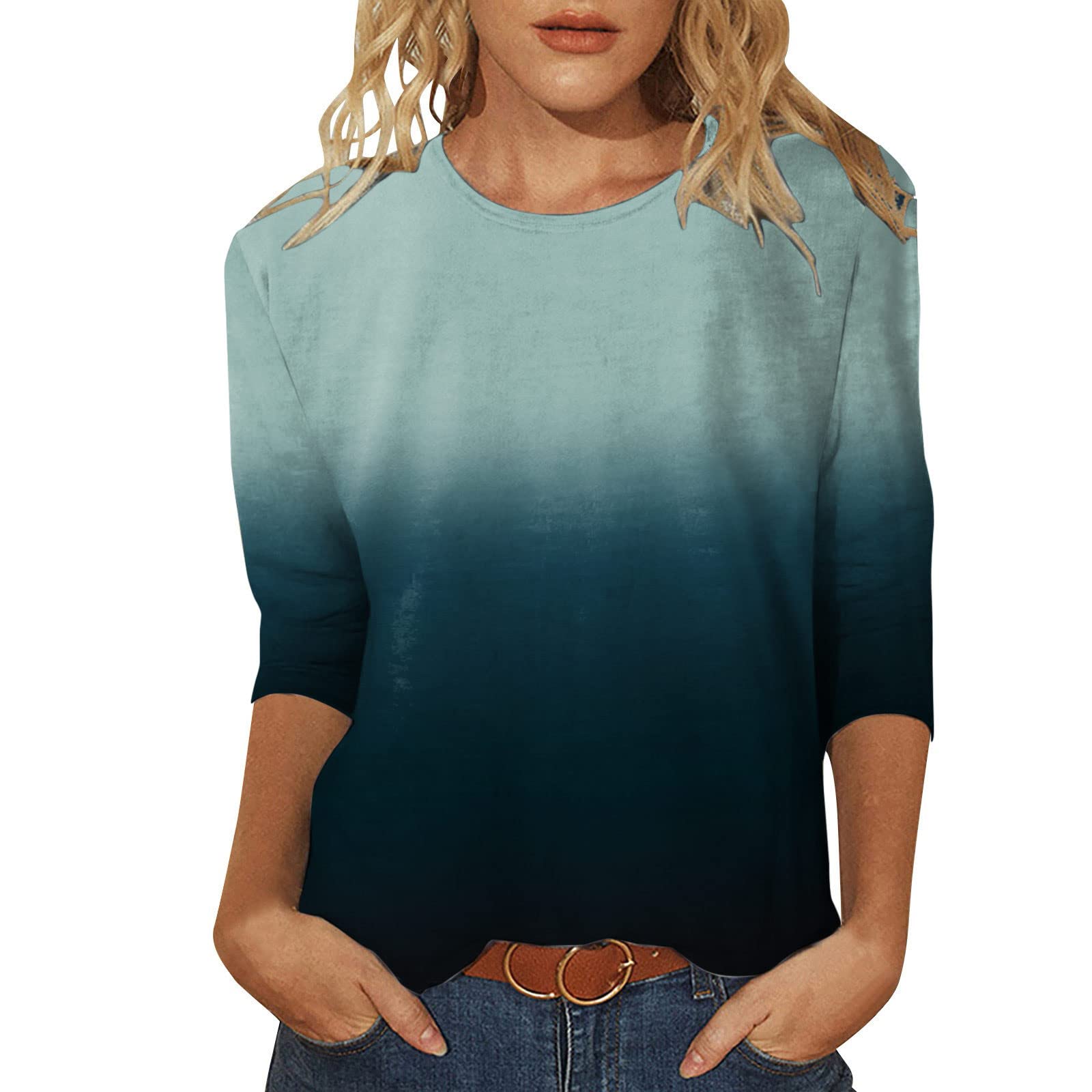 Women Athletic T Shirts Womens Daily Summer Print O Neck Tops Three Quarter Sleeve Round Neck Tee Womens Multi Pack Tees Your Orders on