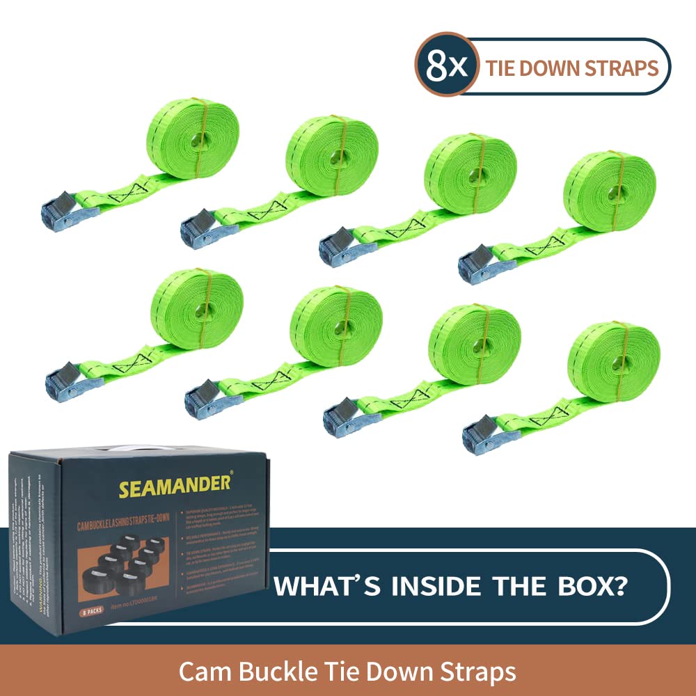 Seamander 1" x 12' Lashing Straps up to 600lbs, Made of Zinc Alloy & High Tenacity Polyester,Surfboard Kayak SUP Cargo Tie Down 8pk(Green)