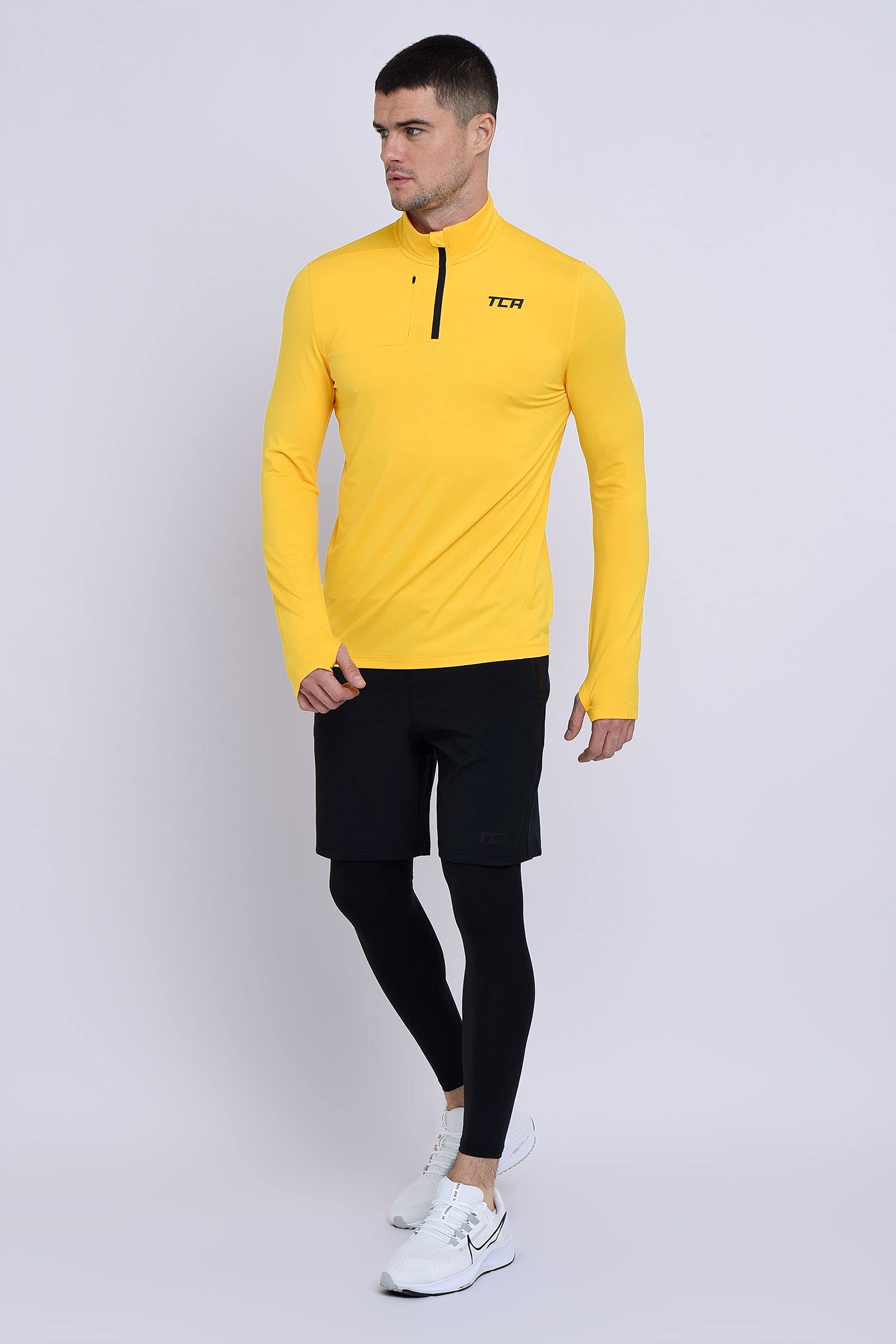 TCA Men's Fusion Pro Quickdry Long Sleeve Half Zip Running Shirt β Athletic Workout Pullover with Pocket & Thumb Holes- Spectra Yellow, Large