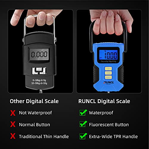 RUNCL Waterproof Fishing Scale with Lip Gripper, Fluorescent Button Digital Fish Scale 110lb/50kg - Backlit LCD Display, 40in Tape Measure - Hanging Scale for Home and Outdoor(Blue)