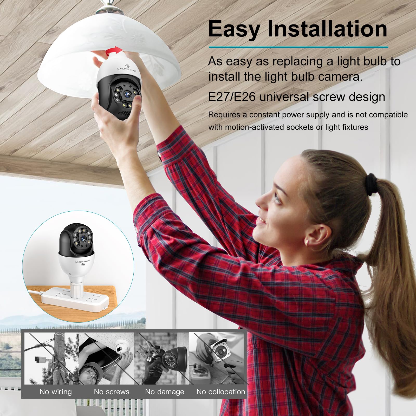 SYMYNELEC Light Bulb Security Camera Outdoor Waterproof 2.5K, 2.4GHz Wireless WiFi Light Socket Cam with AI Human Motion Detection Tracking 4MP Color Night Vision Siren Alarm Works with Alexa Google