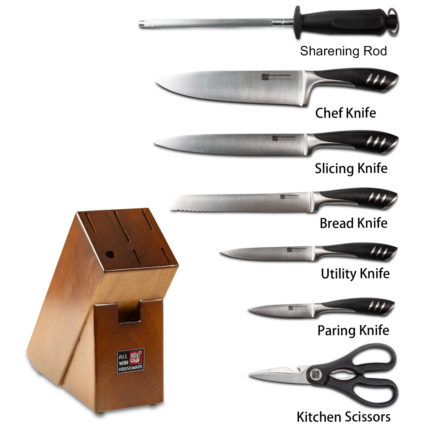 Premium 8-Piece German High Carbon Stainless Steel Kitchen Knives Set with Rubber Wood Block, Professional Double Forged Full Tang Chef Knife Set