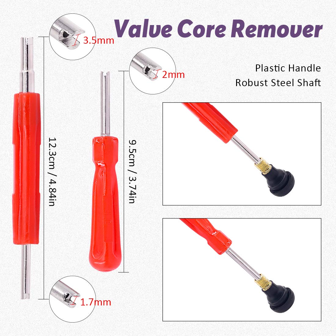 Swpeet 65Pcs Tire Valve Stem Tool Remover & Installation Set, Valve Caps Snap-in Valve Stems with Valve Stem Cores, Single and Dual Head Tire Valve Core Remover Tool, 4-Way Valve Tool for Most Cars
