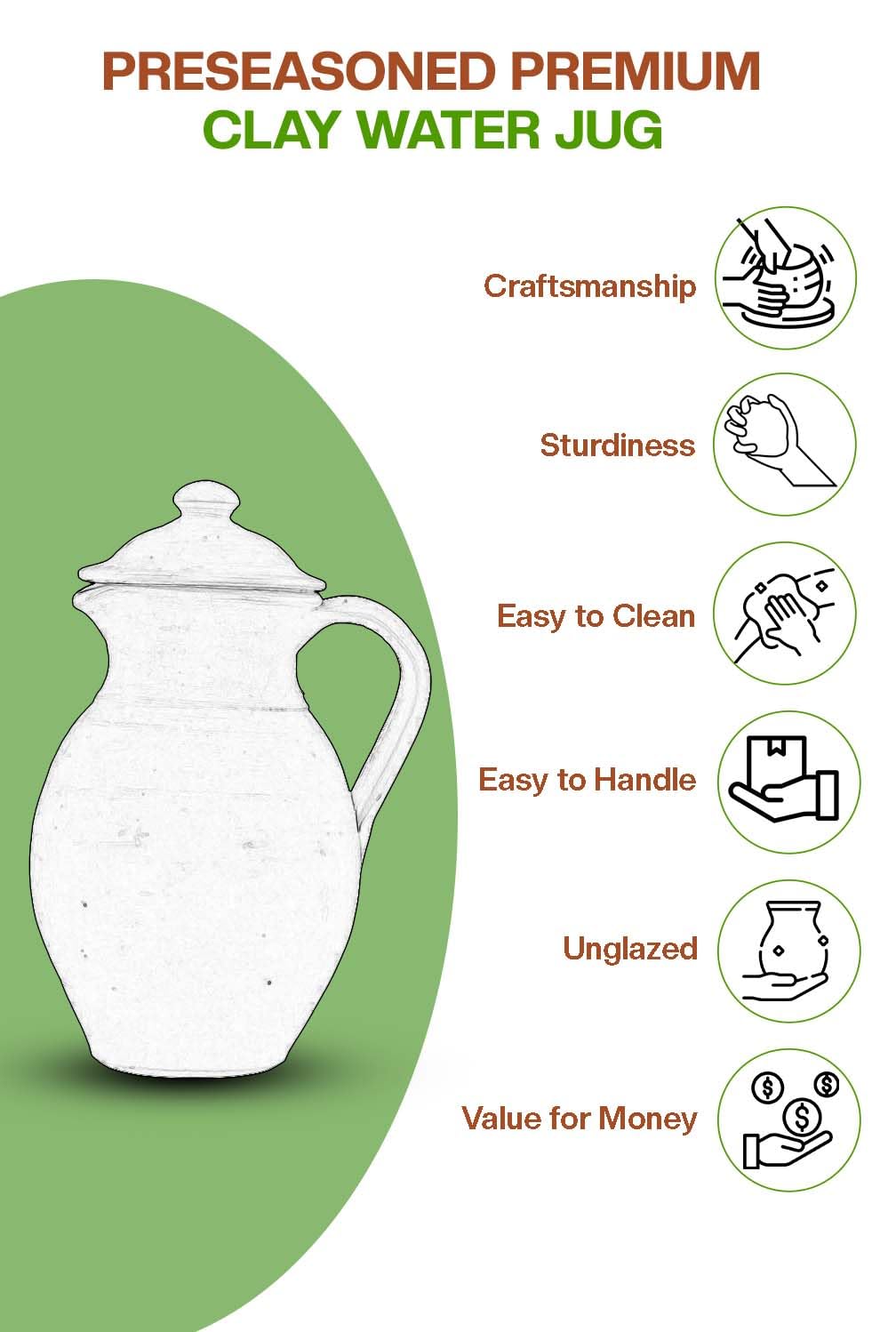 Village Decor Handmade Earthen Clay Water Jug with Lid | Carafes Pitcher | Capacity 51 oz 1500 ml