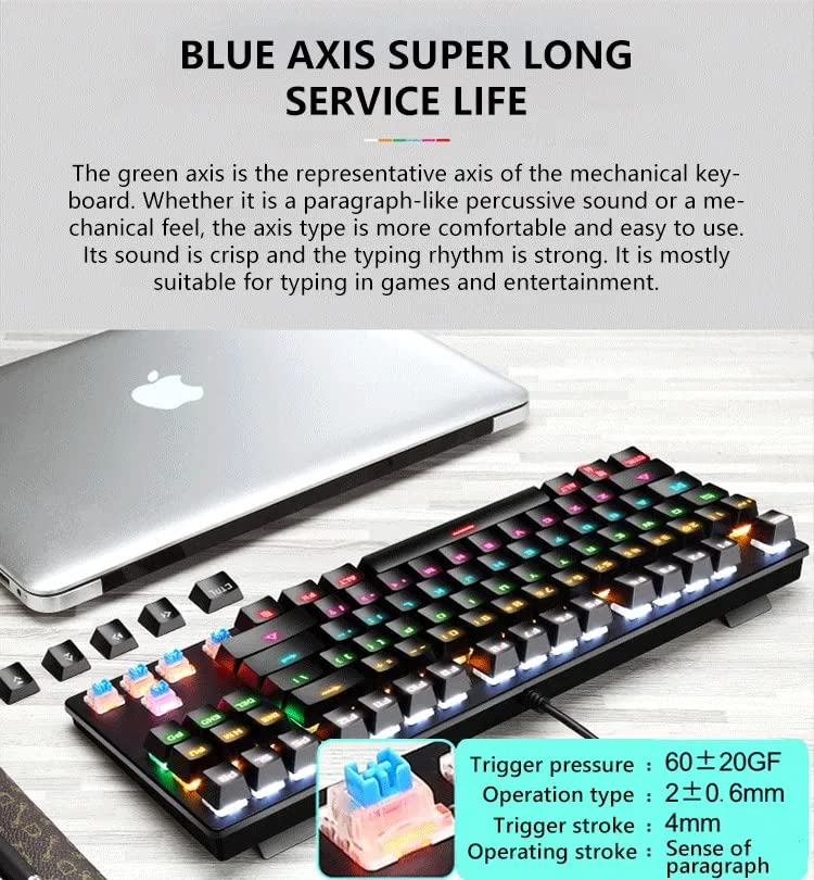 Wired Gaming Keyboard and Sets 87 Keys Rainbow Backlit Mechanical Keyboard,RGB Backlit 6400 DPI Light Weight Gaming Mouse, Mouse Pad for PC Game (Blue)