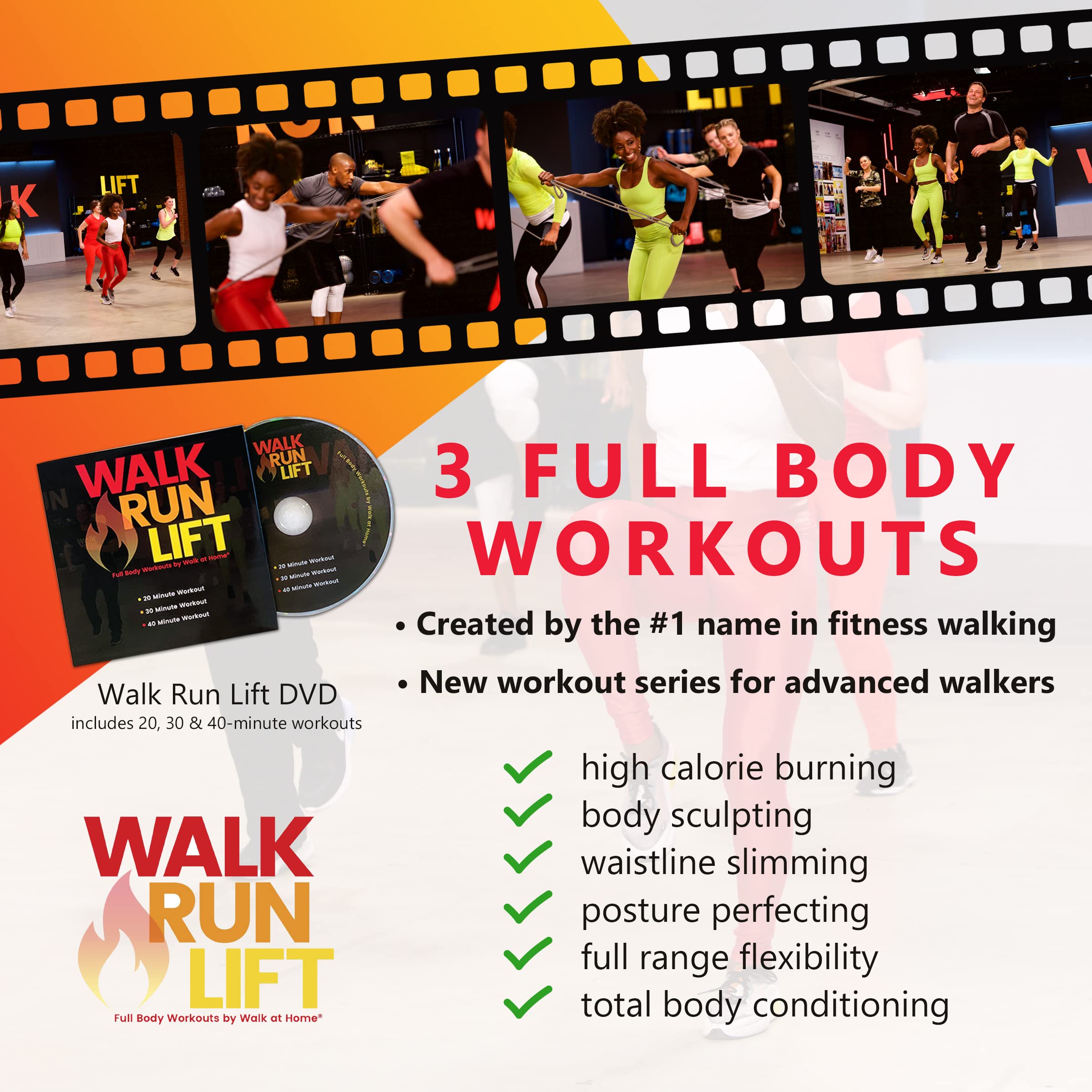 Walk at Home Walk Run Lift Band Bag Bundle with 7 Ring Resistance Bands, Happy Walking Firm Band, 1 DVD (3 Workouts) and Drawstring Bag for Home Workout Walking Exercise