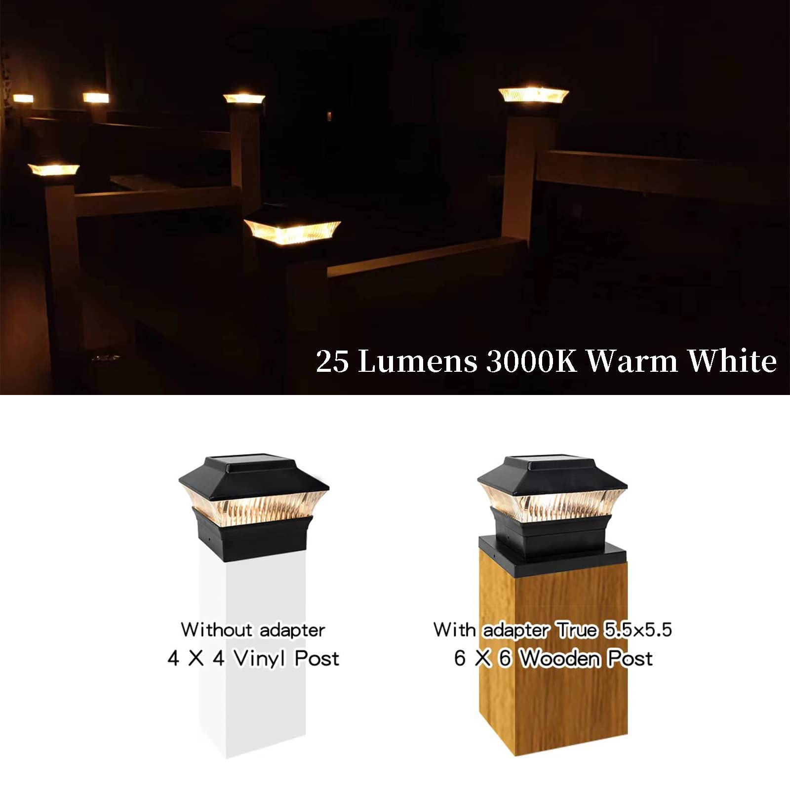 ONLSITY 25 Lumen Solar Post Cap Lights fit True 4"x4" & 5.5"x5.5" Post, High Brightness Filament LED, 3000K Warm White, Solar Powered Fence Deck Post Cap Lamp, Waterproof, White, 2 PK