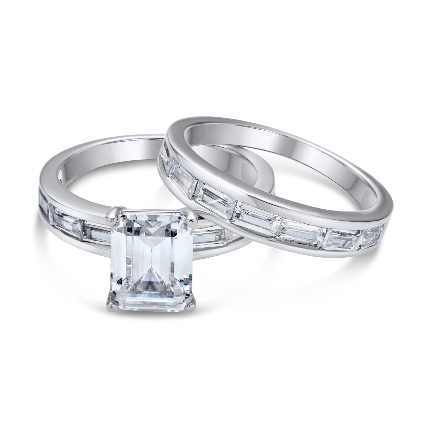 Personalize Traditional Art Deco Style 2CT Emerald Cut Baguette Wedding Band AAA CZ Anniversary Engagement Ring Set For Women .925 Sterling Silver Customizable