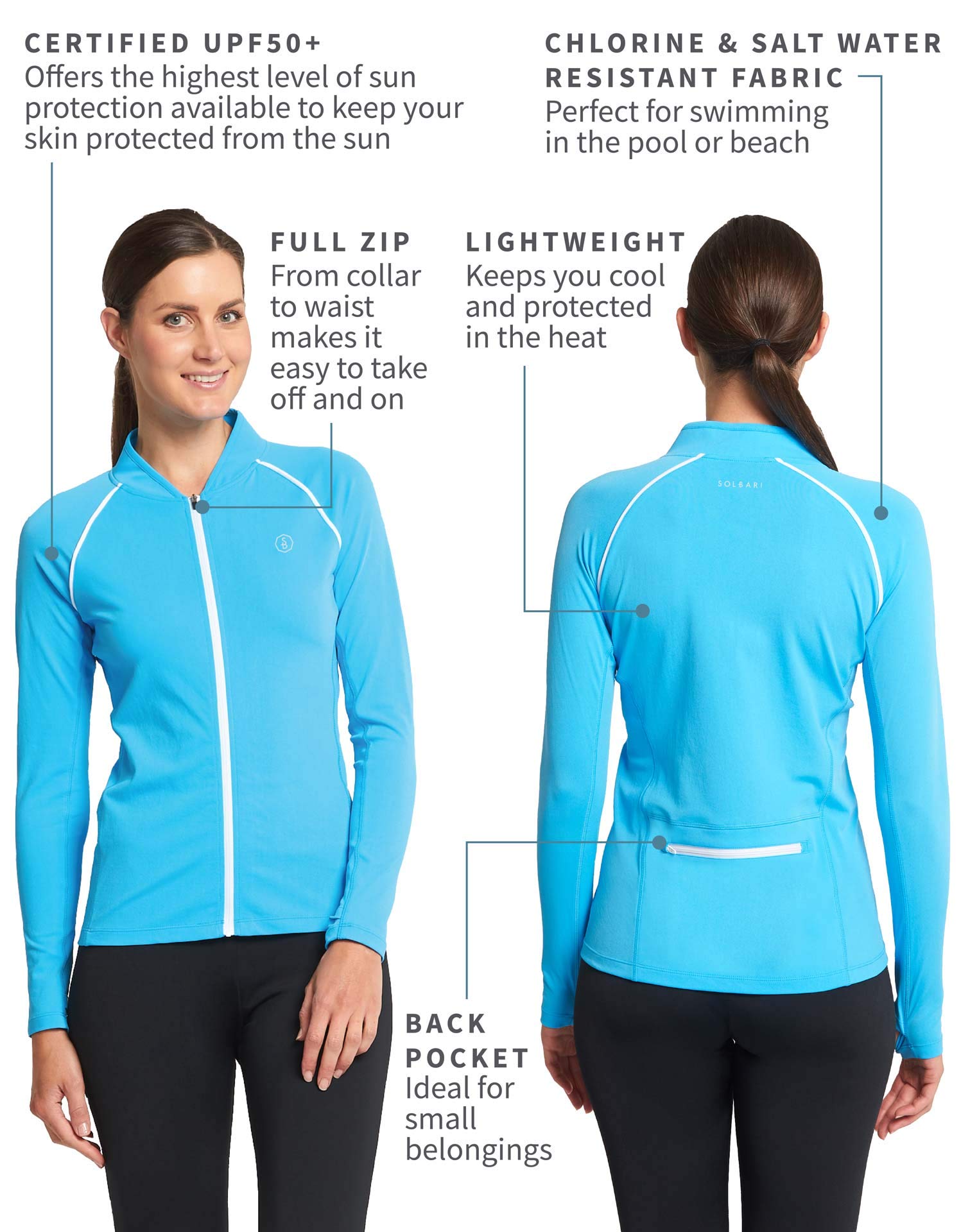 Solbari UPF 50+ Women's Sun Protection Full Zip Top Swimwear & Resort Collection - X-Small - Navy - UV Protection, Sun Protective