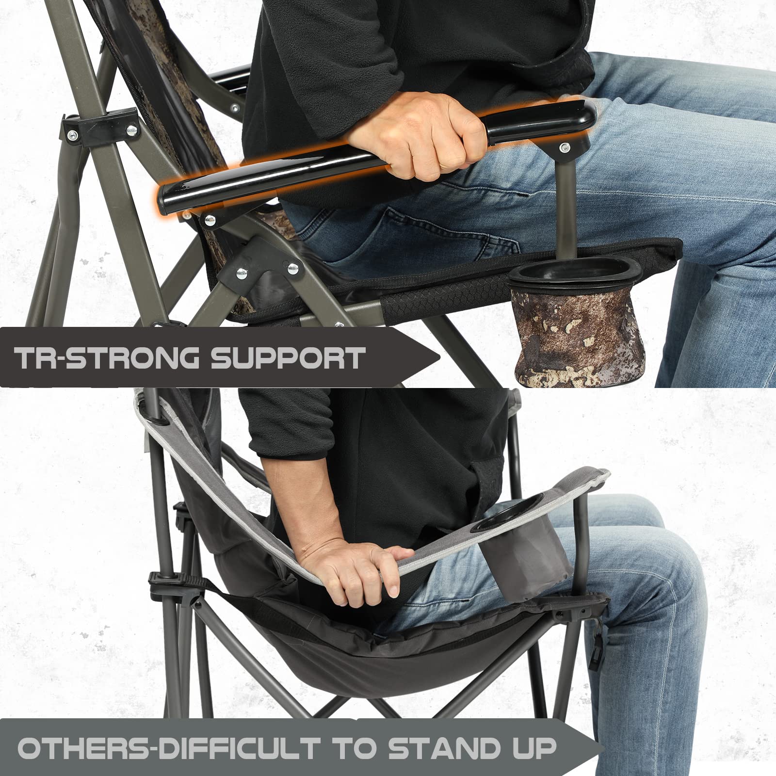 TR Foldable Camping Chair Hard Arms, Portable Lawn Chair for Adults,Outdoor Chairs Heavy Duty with Mesh Backrest Cup Holder,Support to 300LBS (Camo)