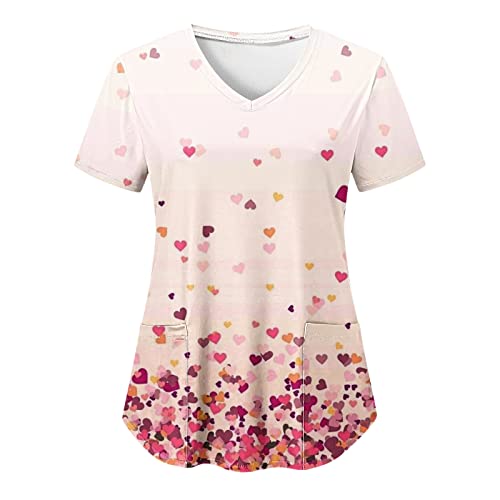 Women Casual V Neck Valentines Day Love Print Gradient Short Sleeve Pocket Work Shirt Summer Tee Shirts for Women
