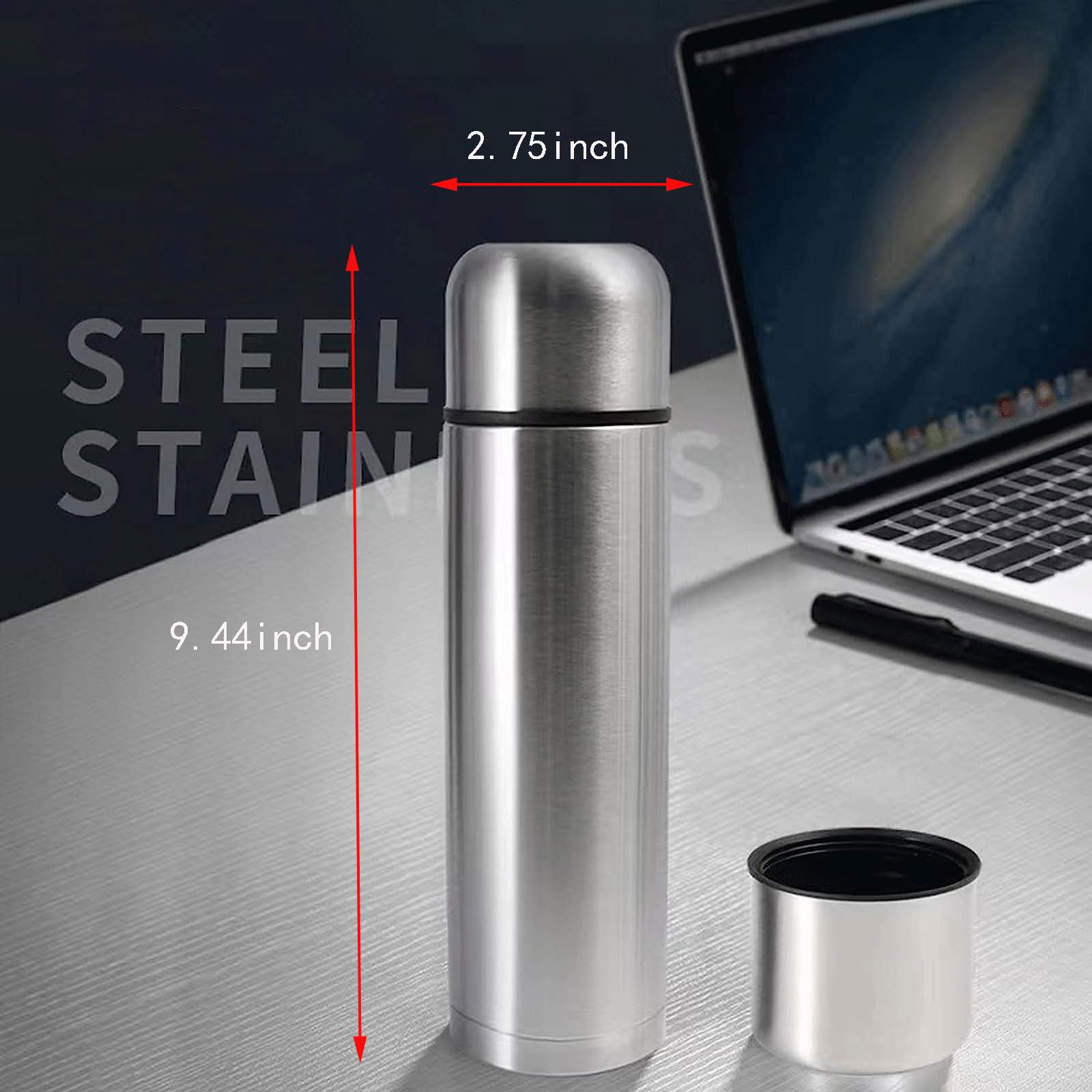 Stainless Steel Thermal Bottle Thermos for Hot and Cold Drinks Travel Coffee Mug with Cup Water Flask Vacuum Insulated Tumbler 17 oz/500ml (Silver)