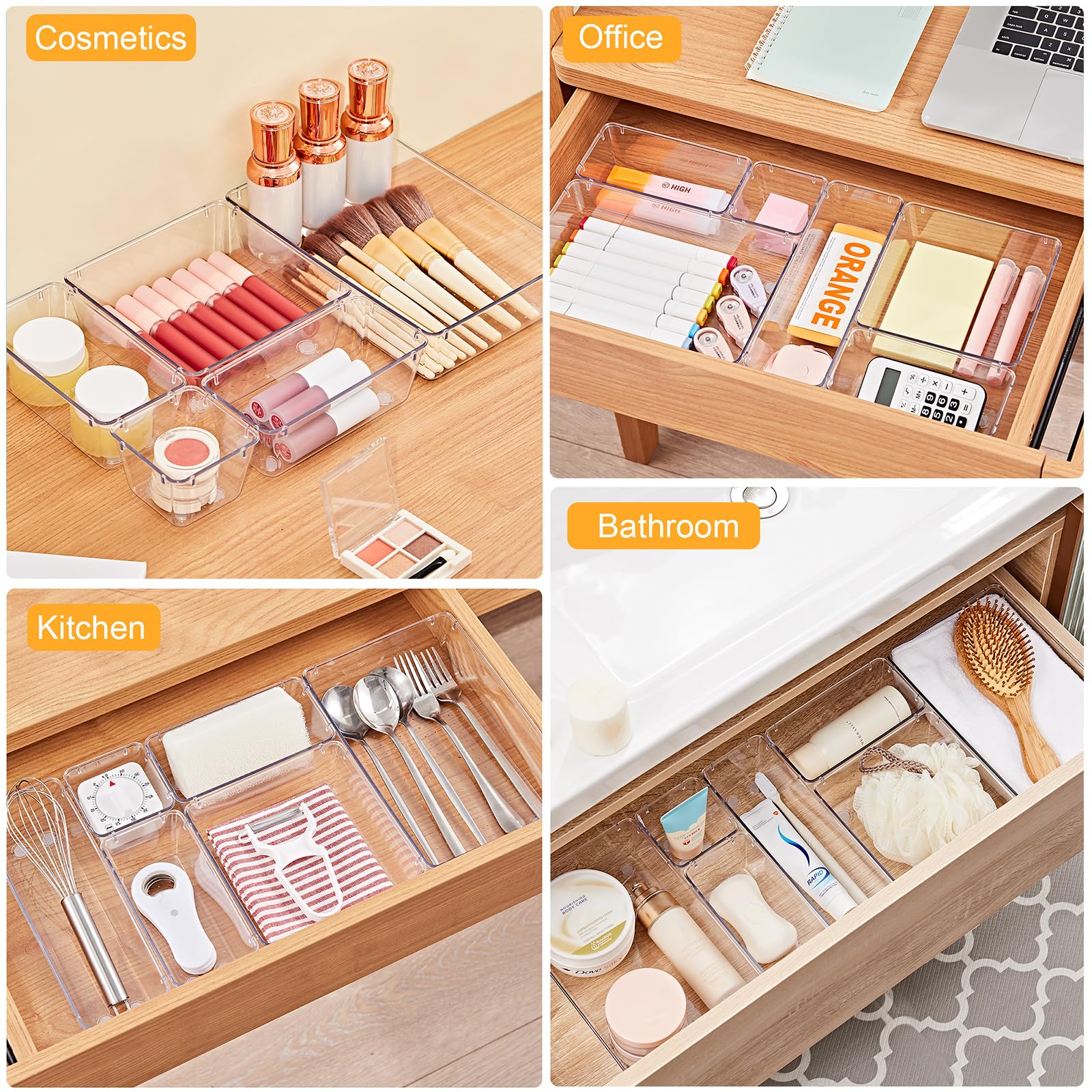 SMARTAKE 7-Piece Drawer Organizer + 13-Piece Drawer Organizers with Non-Slip Silicone Pads