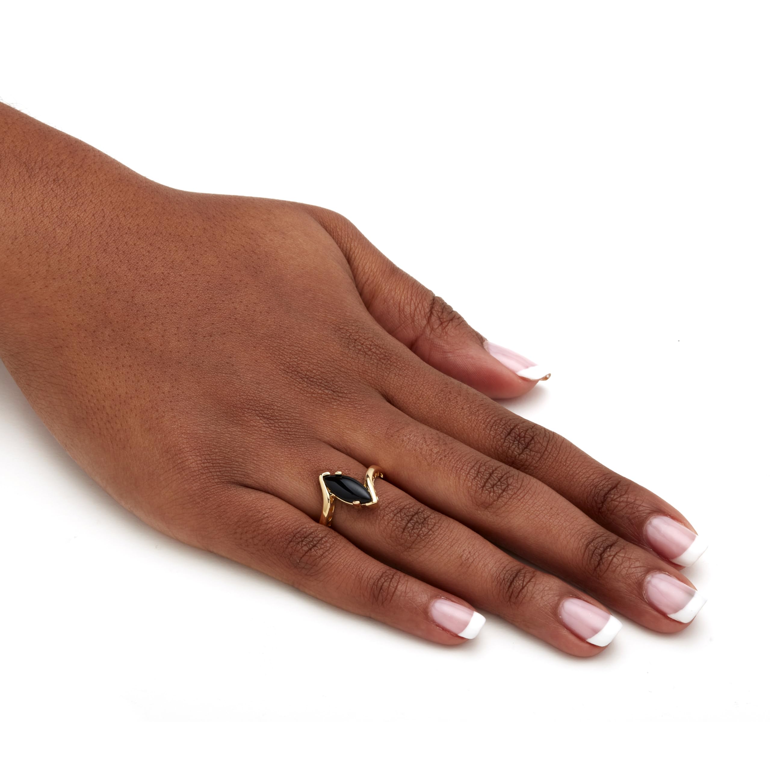 PalmBeach 18K Yellow Gold Plated or Sterling Silver Marquise Shaped Natural Black Onyx Bypass Ring