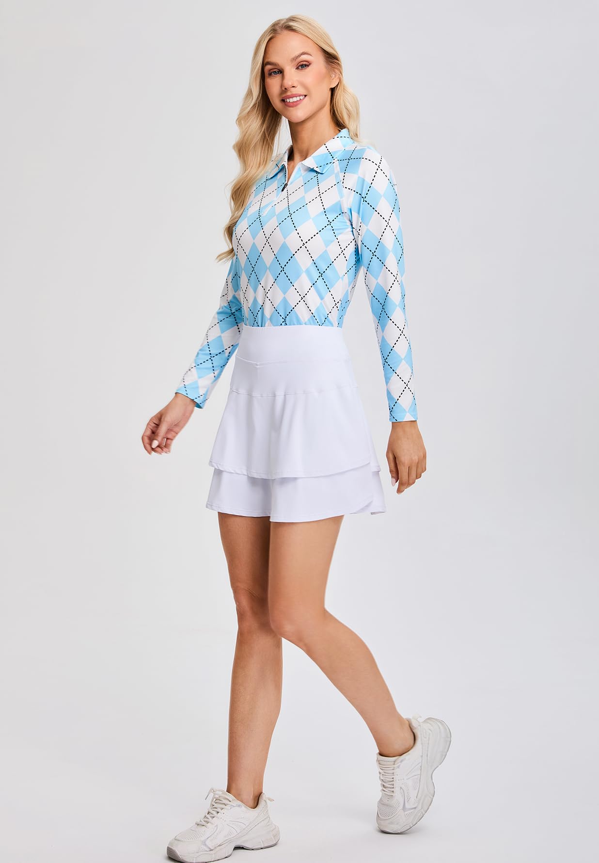 Women Long Sleeve Moisture Wicking Sport Golf Polo Shirt Tops(Blue Plaid,S