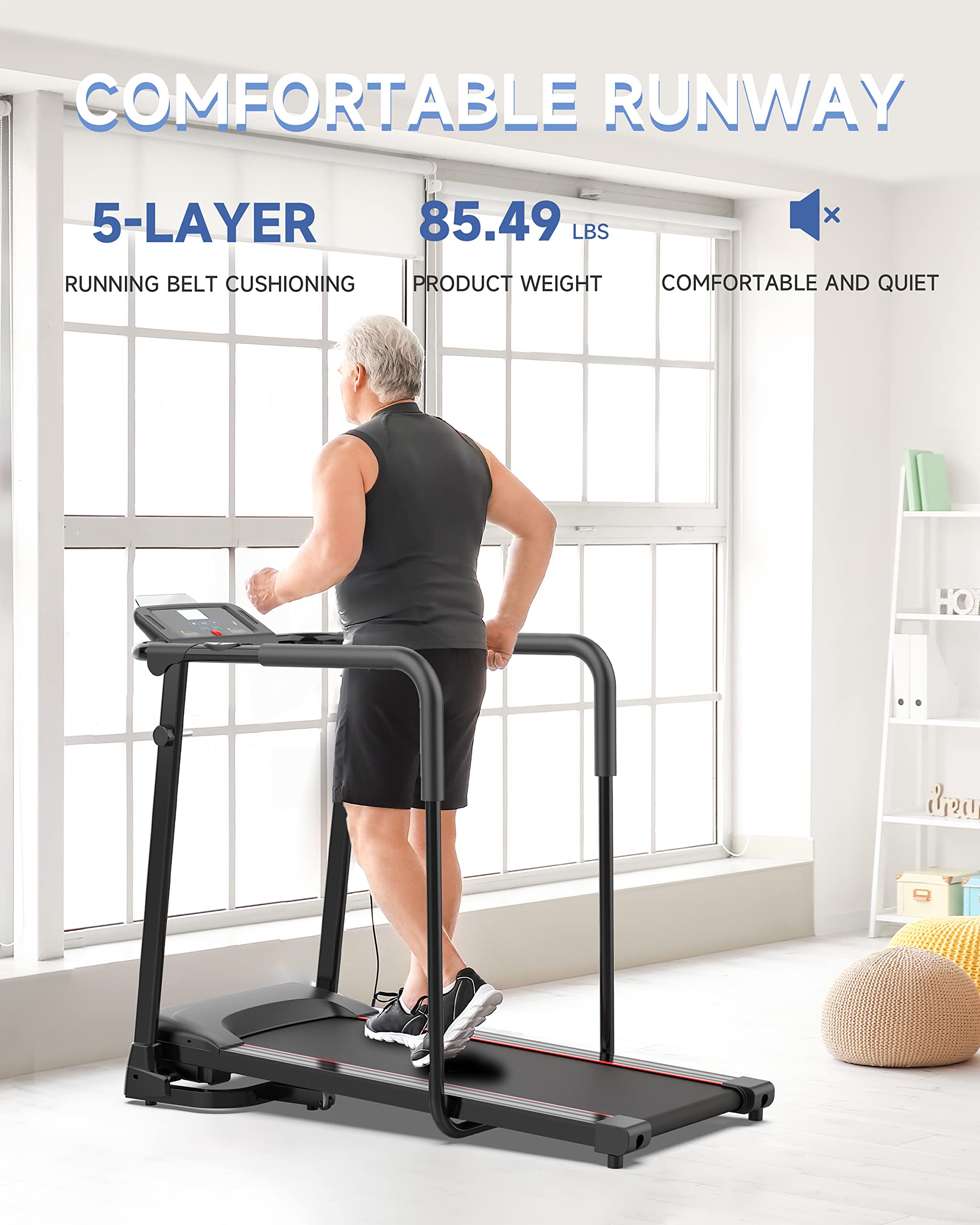 Walking Treadmill Long Handraill Recovery Fitness Foldable Machine with Low Wide Belt for Seniors Balance 265 lbs Capacity