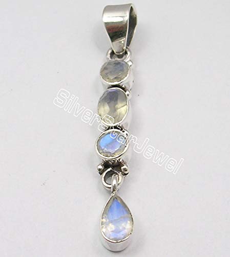 SilverStarJewel 925 Solid Silver Rainbow Moonstone Pendant 1.8" Ladies Engagament