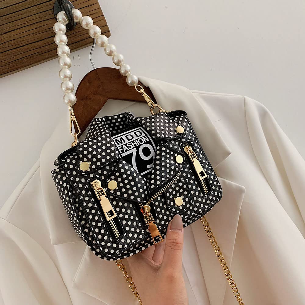 Women Motorcycle Shoulder Crossbody Bags Chain Jacket Bags Wave Point Messenger Bag Leather for Girls Purse (Black)