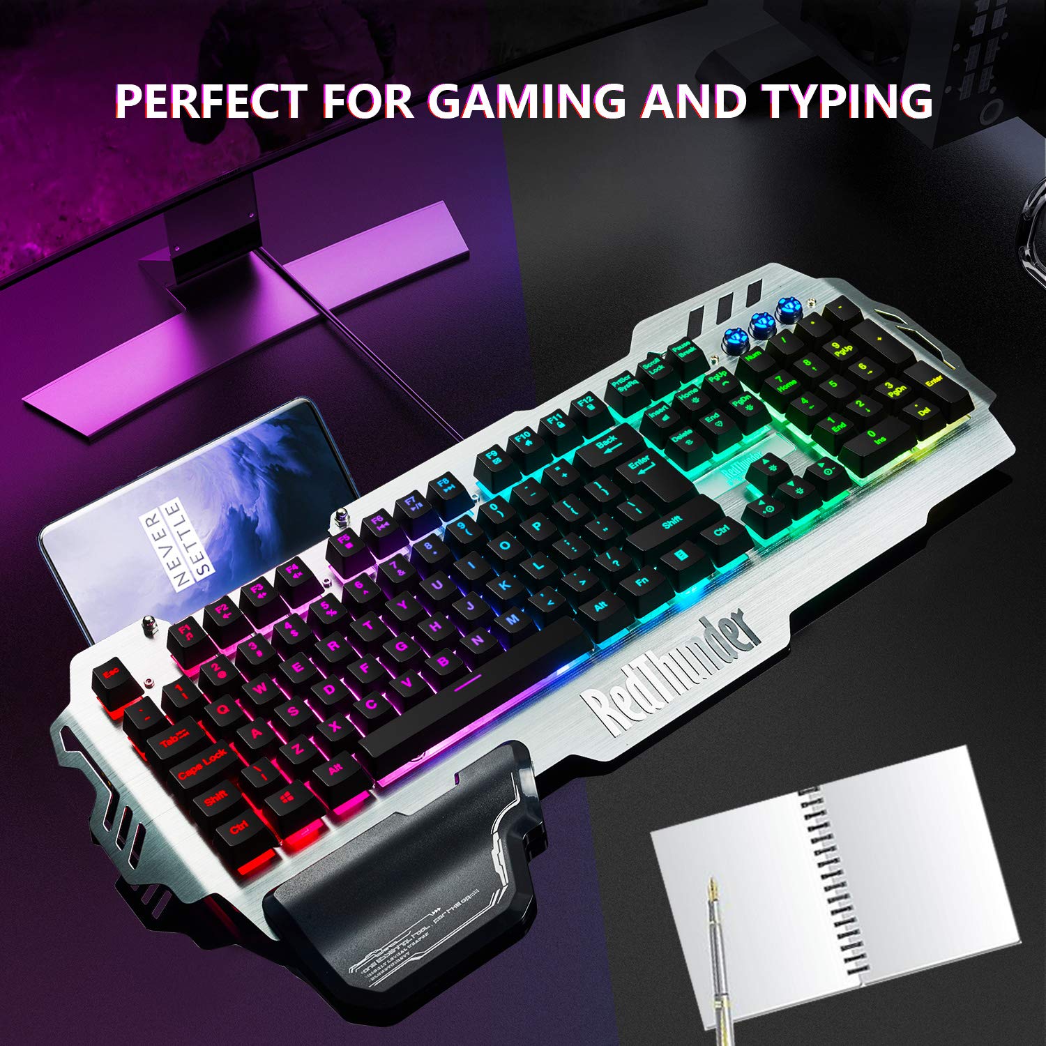 RedThunder K900 Gaming Keyboard, RGB Backlit Semi Mechanical Keyboard with Wrist Rest, Water-Resistant USB Wired Hybrid Ergonomic Keyboard, Teclado Gamer for Desktop Computer PC Mac PS4