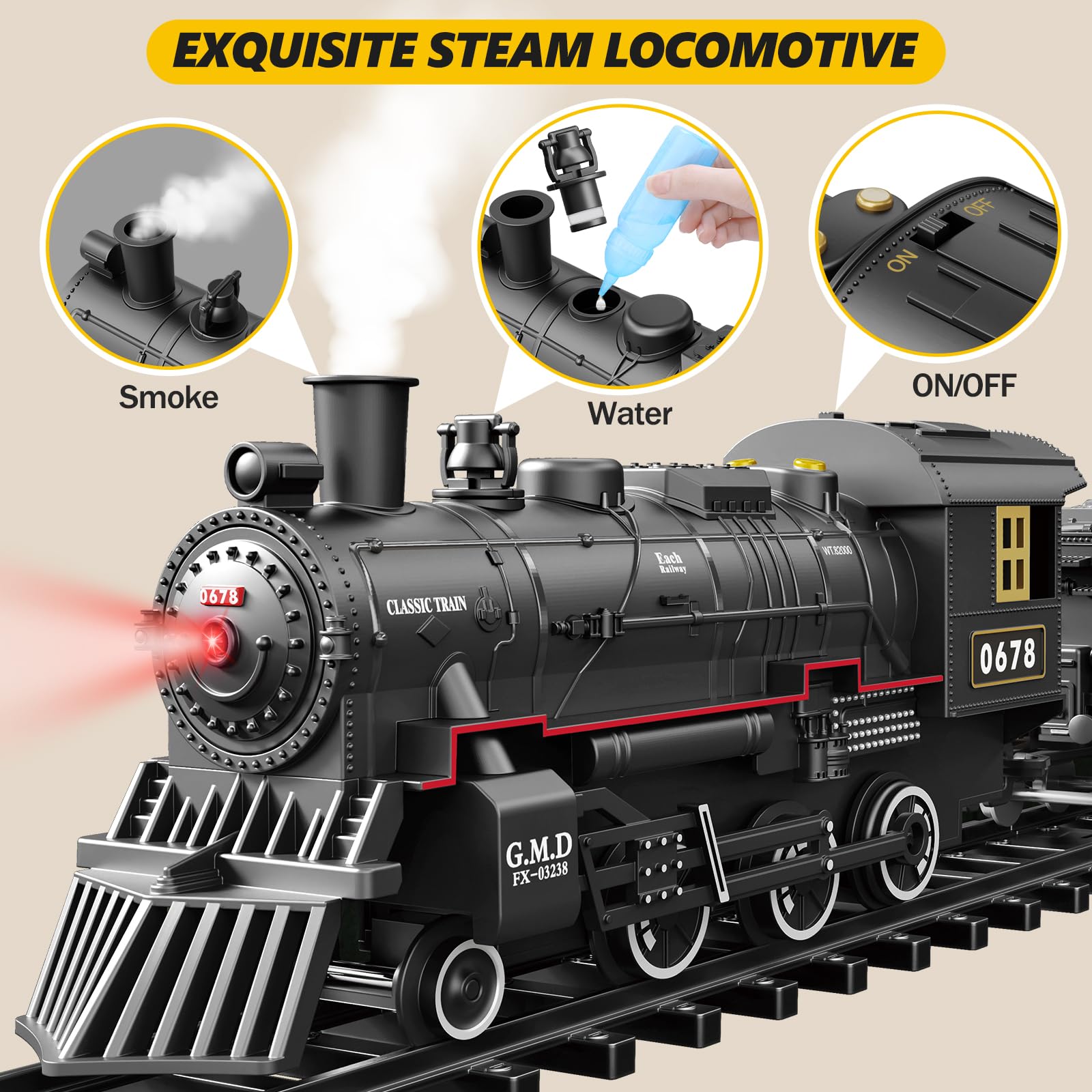 ROGALALY Train Set for Kids, Steam Locomotive Train w/Coal Car,Passenger Coach,Cargo Car & Long Tracks,Electric Train Railway Kits w/Smoke,Lights & Sound,Battery-Powered Train Toys Gift for Boys Girls