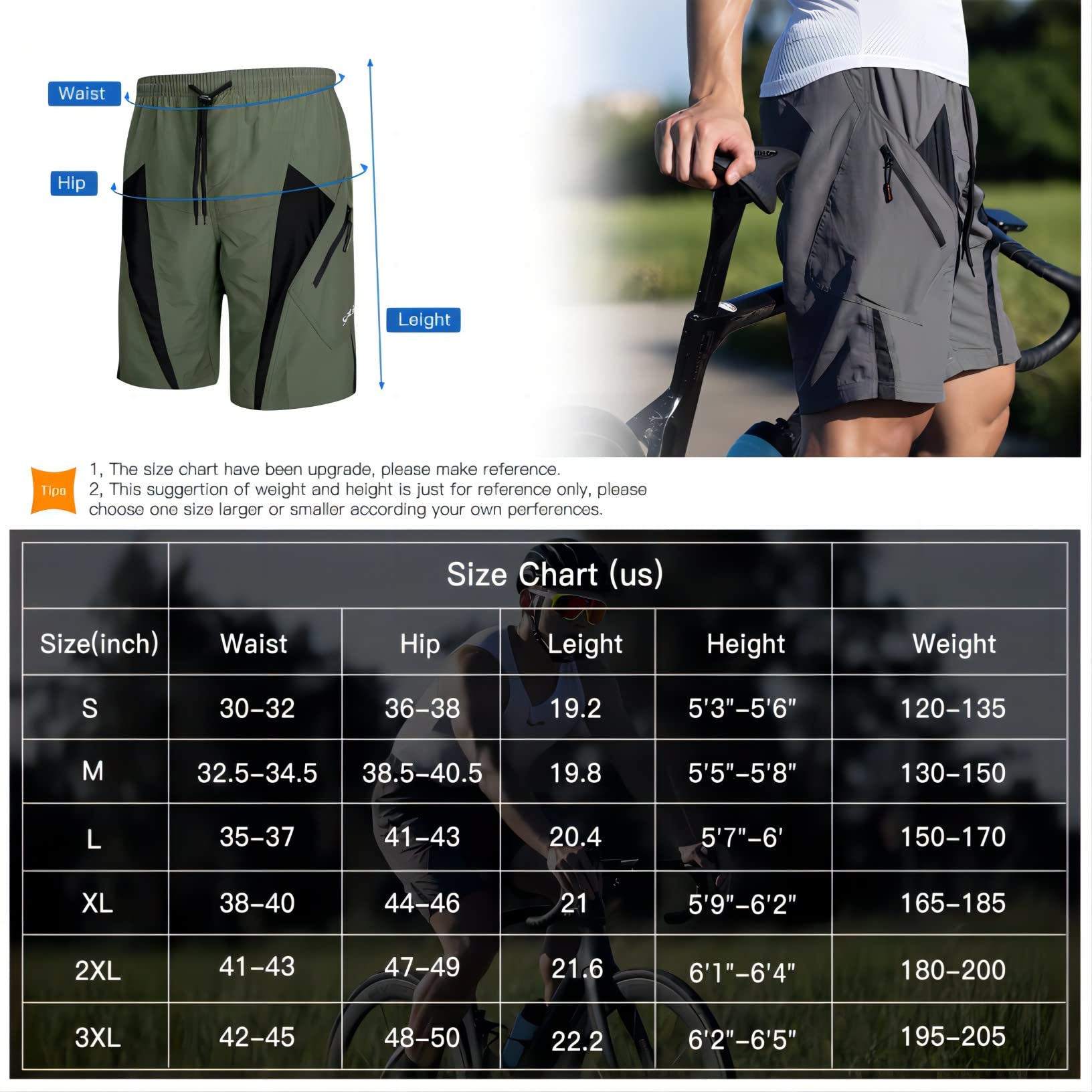 Santic Men's Bike Shorts Padded Bicycle Cycling MTB Shorts Loose-Fit 4D Padding Olive Green