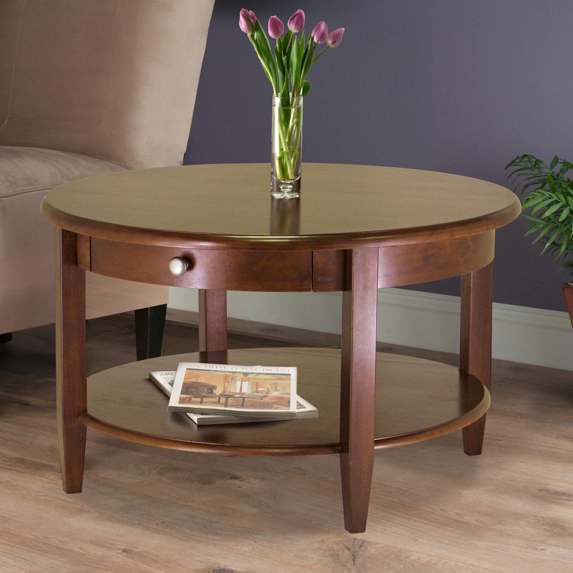 Round Coffee Table with Drawer Storage Shelf Living Room Home Office Accent Furniture Side End Cocktail Table Decor Decoration Sturdy Robust Organizer Walnut
