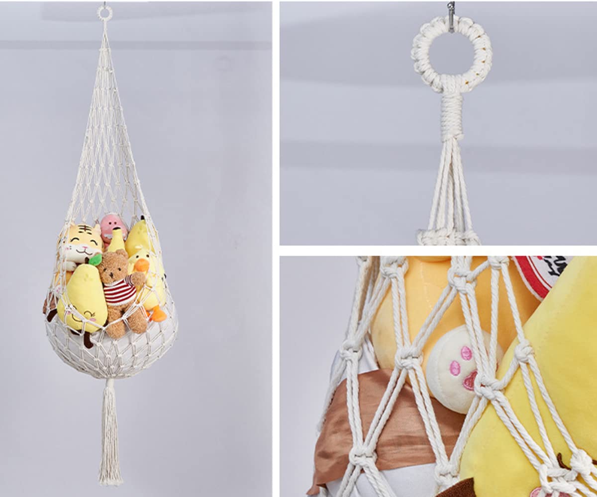 Stuffed Animal Net Large Toy Hammock Macrame Plush Toy Display with One Hook for Corners, Walls and Ceiling Hanging Net Stuff Animal Storage for Kid Room Bedroom Playroom (Beige)