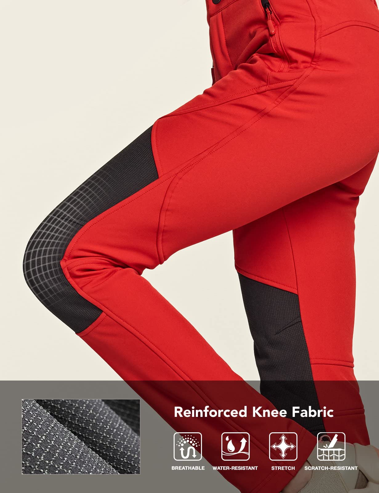 TSLA Women's Softshell Winter Snow Ski Pants, Fleece Lined Waterproof Hiking Pants, Insulated Work Outdoor Pants, 2-layer Reinforced Knee Red, Small