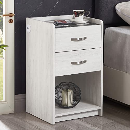 OLD CAPTAIN Nightstand with Wireless Charging Station, Smart Bedside Tables with Drawers and Open Storage Shelf for Bedrooms (White Wood Grain) … … …