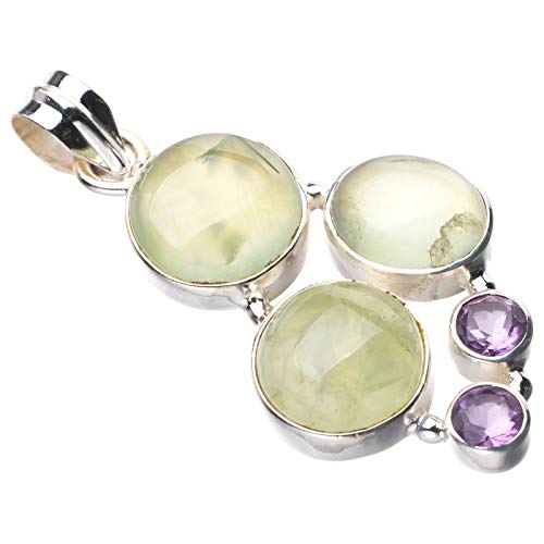 StarGems Natural Prehnite And Amethyst Handmade 925 Sterling Silver Pendant 1.75" D9628