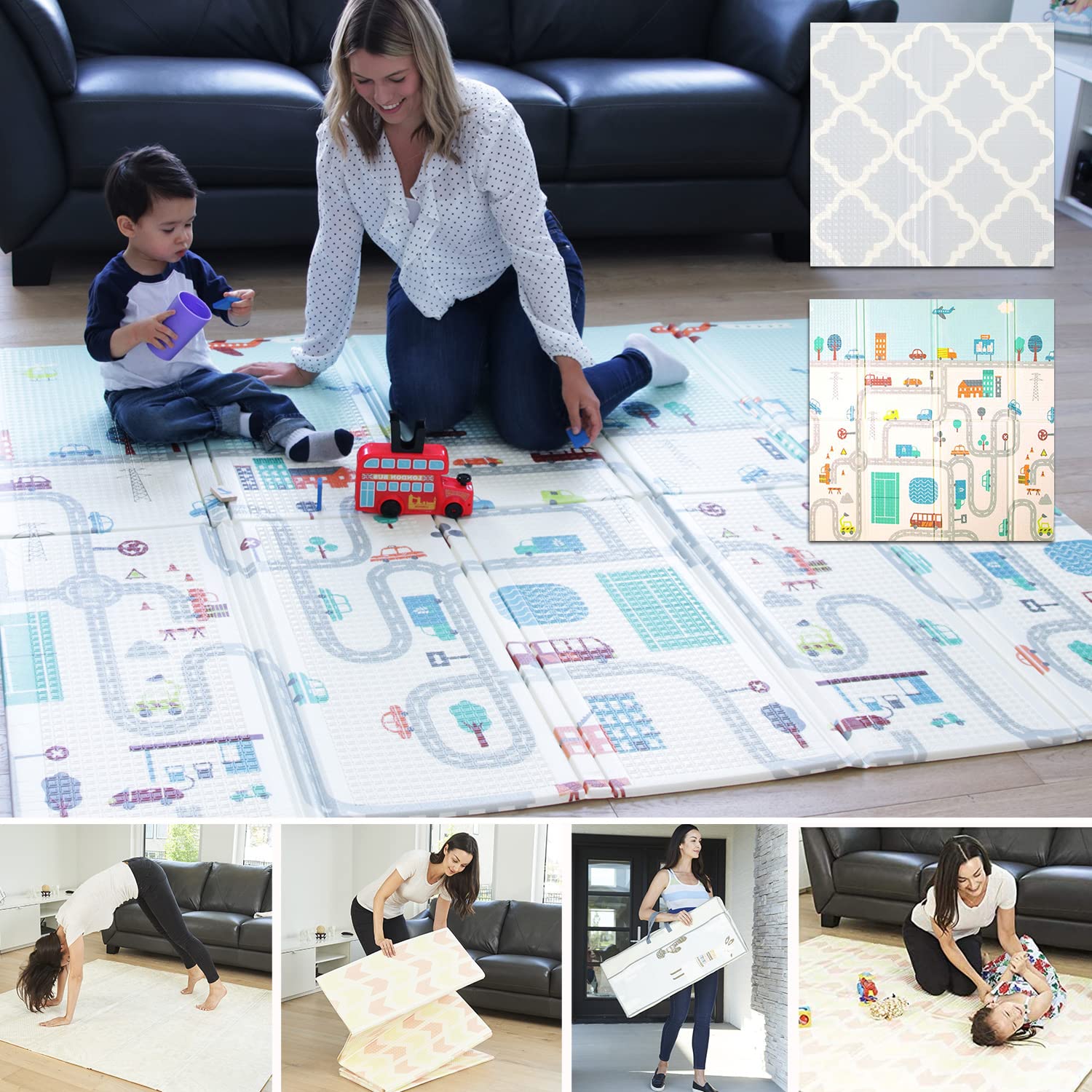 Reversible Baby Play Mat & Exercise Mat - Fun & Stylish Foam Floor Playmat for Kids and Infants. Elegant Room Decor Transforms into Large Fun Activity Gym Mat (Road)