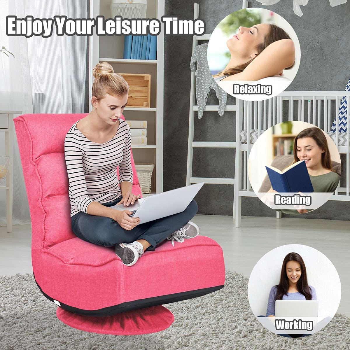 Zimbala 360 Degree Swivel Floor Sofa Chair, 6 Position Adjustable Folding Gaming Chair with Comfortable Padded Backrest, Lazy Lounge Chair for Reading, TV Watching, Gaming (Pink)