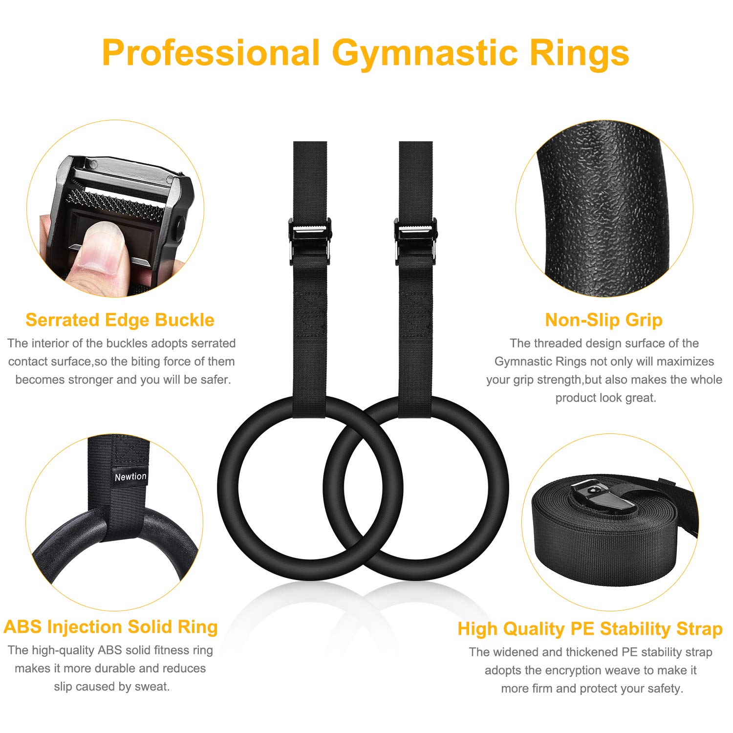 Rowhalf Newtion Professional Gym Rings with 15ft Adjustable Buckle Straps,Exercise Rings for Cross-Training Workout,Gymnastics,Fitness,Bodybuilding, Pull-Ups