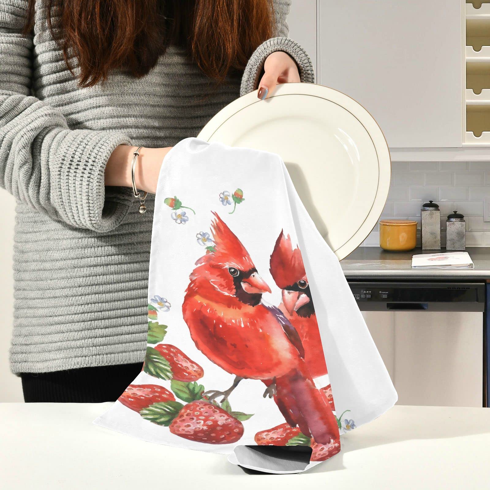 Summer Tropical Strawberries Kitchen Towel Set Cardinal Birds Dish Towel Set of 1 Tea Towels Large 28''x18'' Multi-Purpose Washing Cloth Home Decorative Lint-Free Dishcloths for Restaurant Household