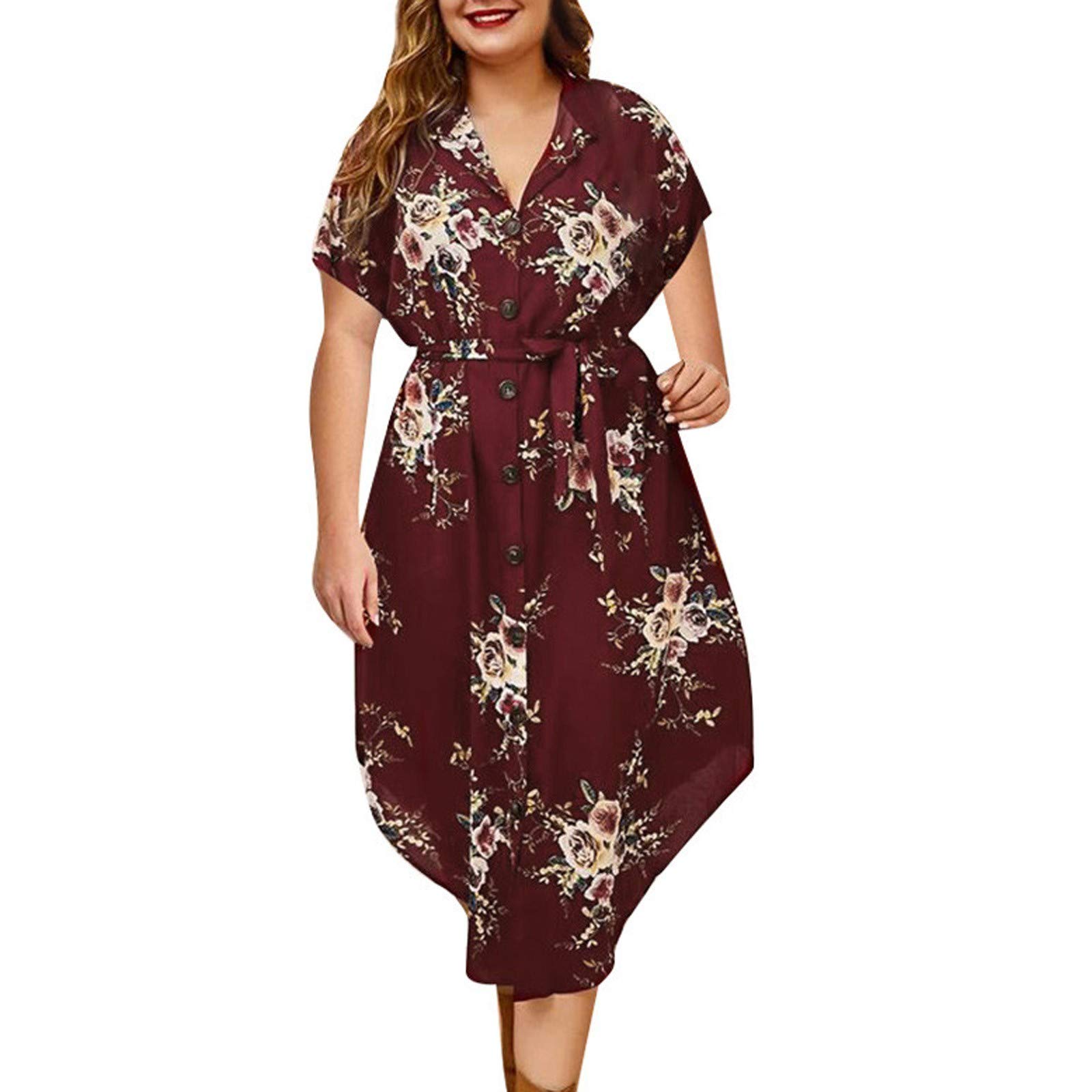 Women's Bohemian Floral Printed Sundress Wrap V Neck Short Sleeve Flowy Boho Long Beach Party Maxi Dress Red