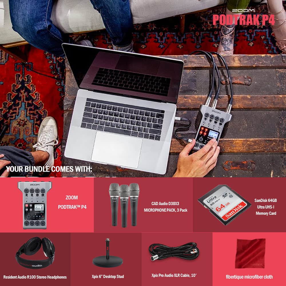 Zoom PodTrak P4 Portable Multitrack Podcast Recorder Bundle w/ 4 Ins/ 4 Outs + Audio D38X3 Microphone 3 Pack + 3X R100 Stereo Headphones + 64GB Memory Card + Mic Stand + Pro Audio XLR Cable and more