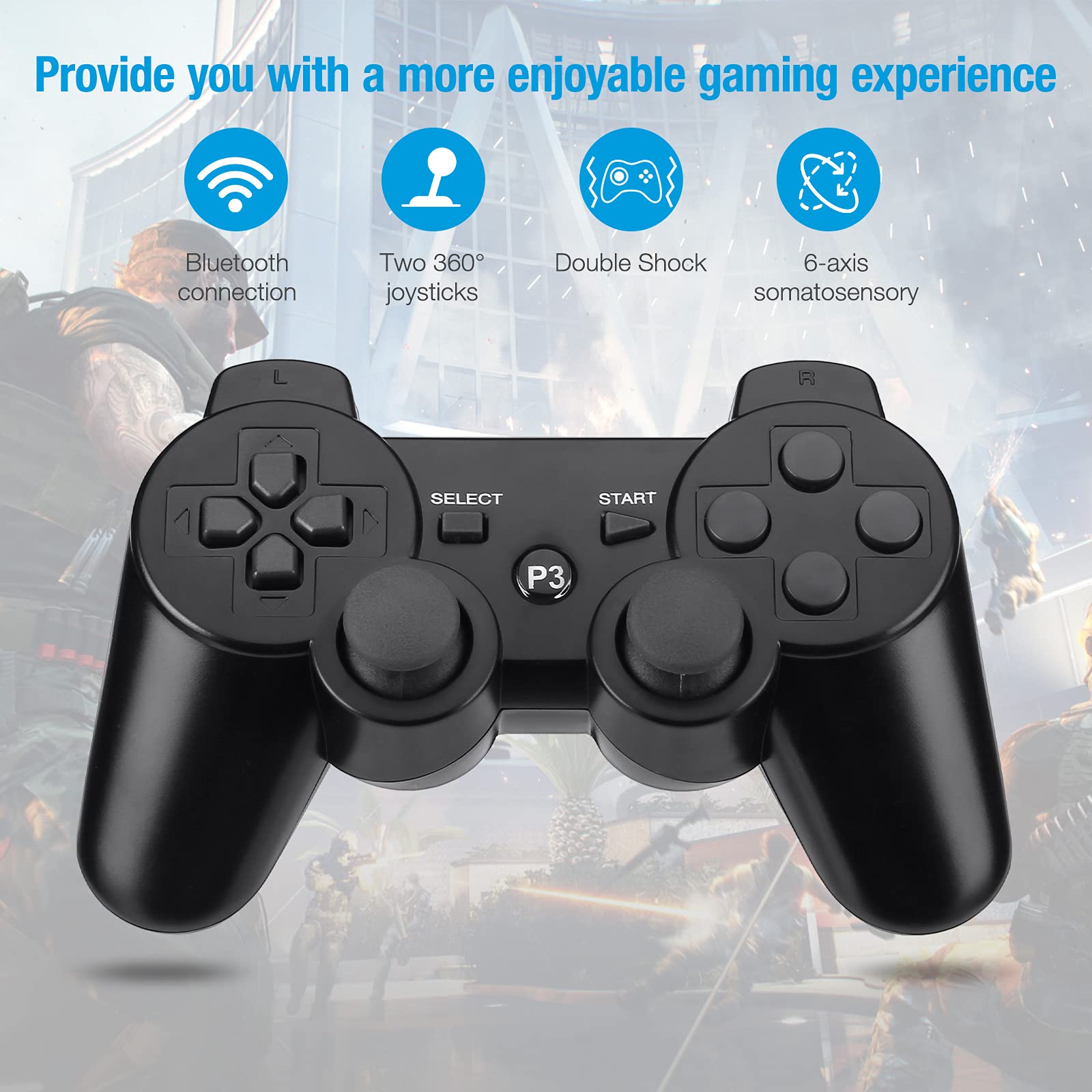 Powerextra Wireless Controller Compatible with PS-3, 3 Pack High Performance Gaming Controller with Upgraded Joystick for Play-Station 3