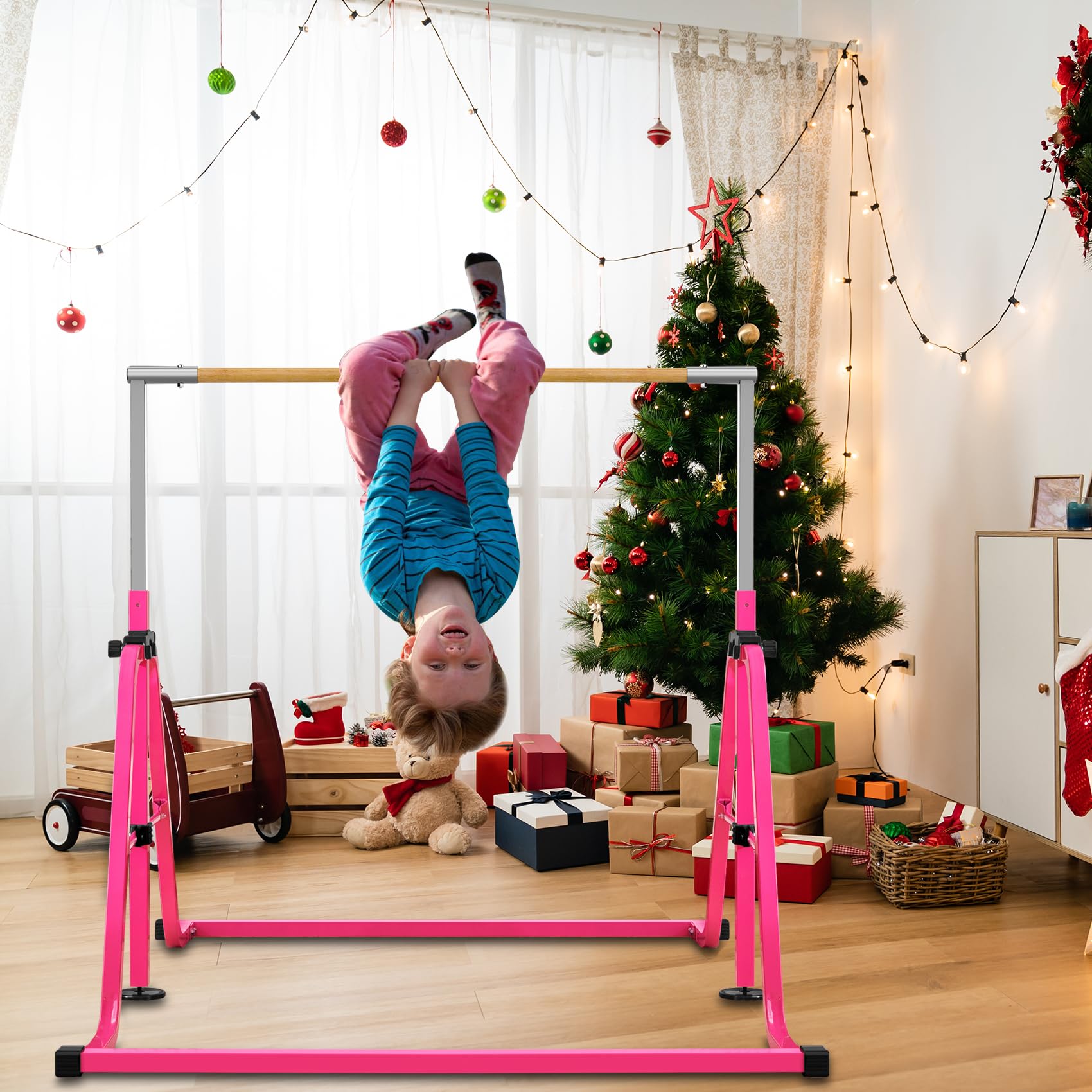 Tenpeek Gymnastics Bars for Home Ages 8-12, 3' to 5' Adjustable Height Gymnastic Horizontal Bars, Junior Training Bar Kids Folding Training Monkey Bars for Kids