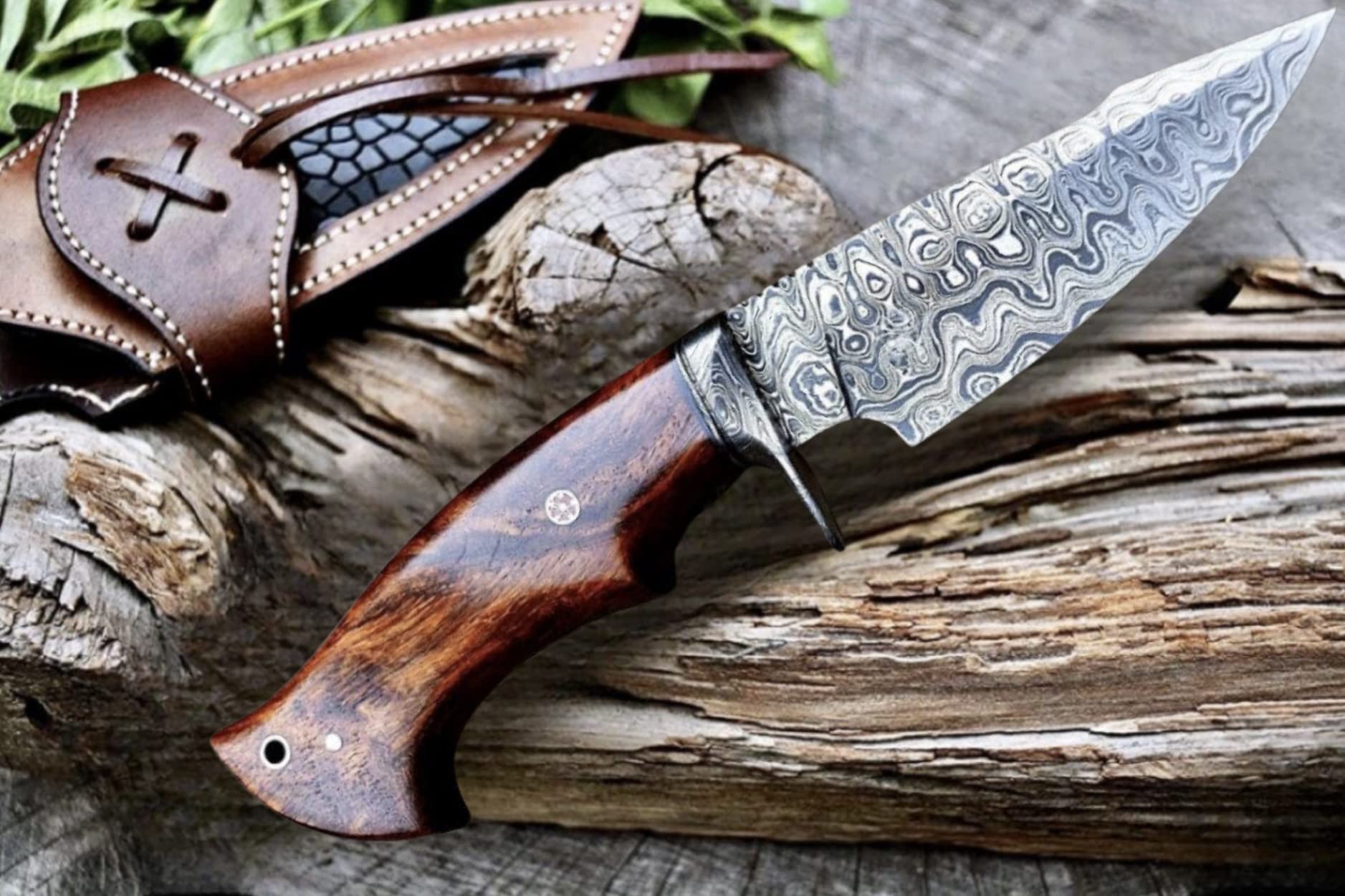 The Blade Point Damascus Hunting Fixed Blade Knife – 10.7” EDC Custom Handmade Knives, Bushcraft Outdoor Survival Camping Bowie Knife, Walnut Wood Handle with Leather Sheath