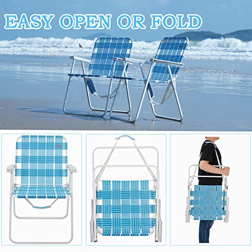 WEJOY 4 Pack Set Lightweight Folding Webbed Beach Chairs Webbing Beach Chair Web Lawn Chair Portable Chairs High Back Fold up Outdoor Chairs with Shoulder Strap for Patio Garden Concert Sand Blue/Grey
