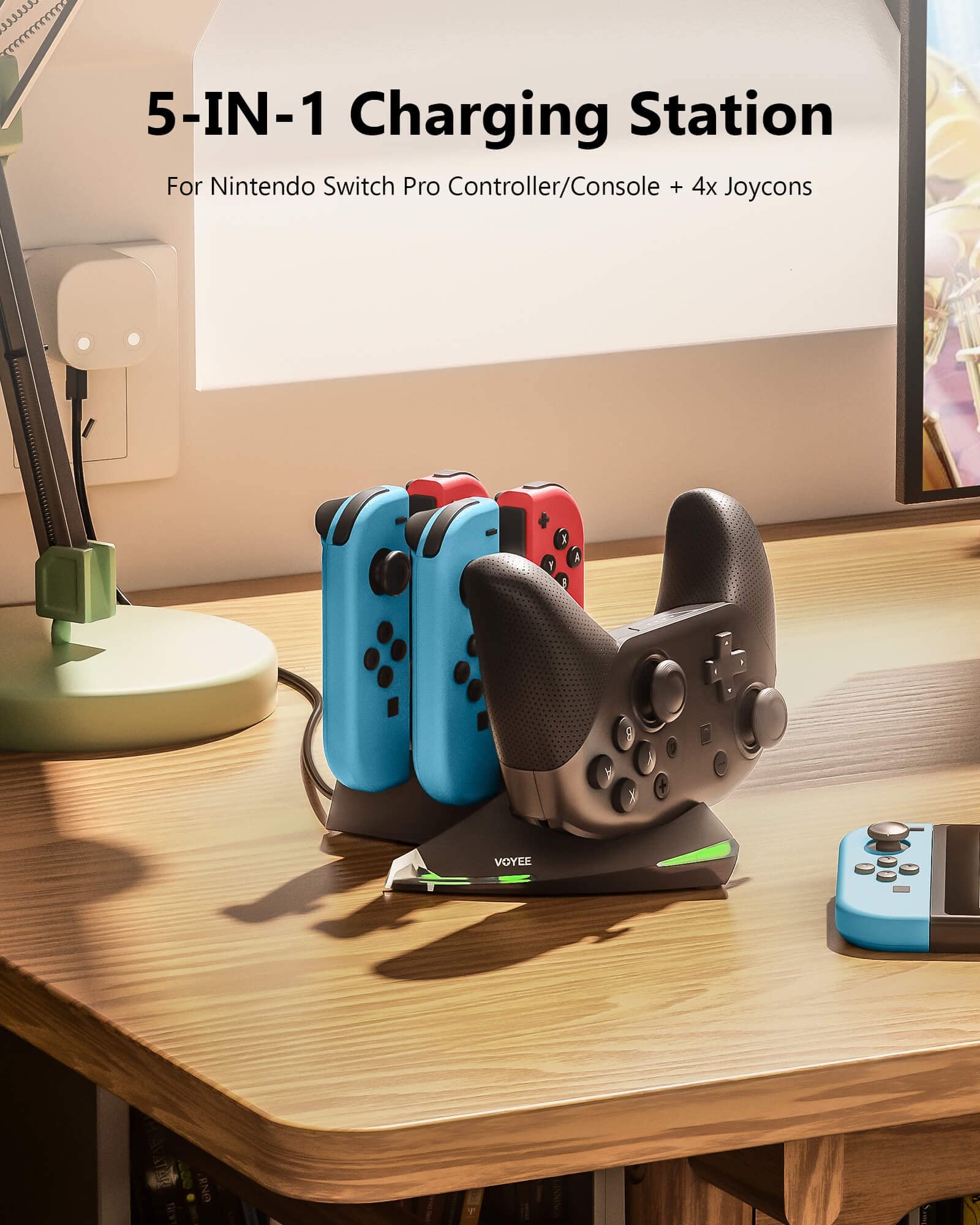 VOYEE 5-in-1 Charging Dock Compatible with Nintendo Switch Controller and Joycons with Led Indication, Charging Protection - Upgraded