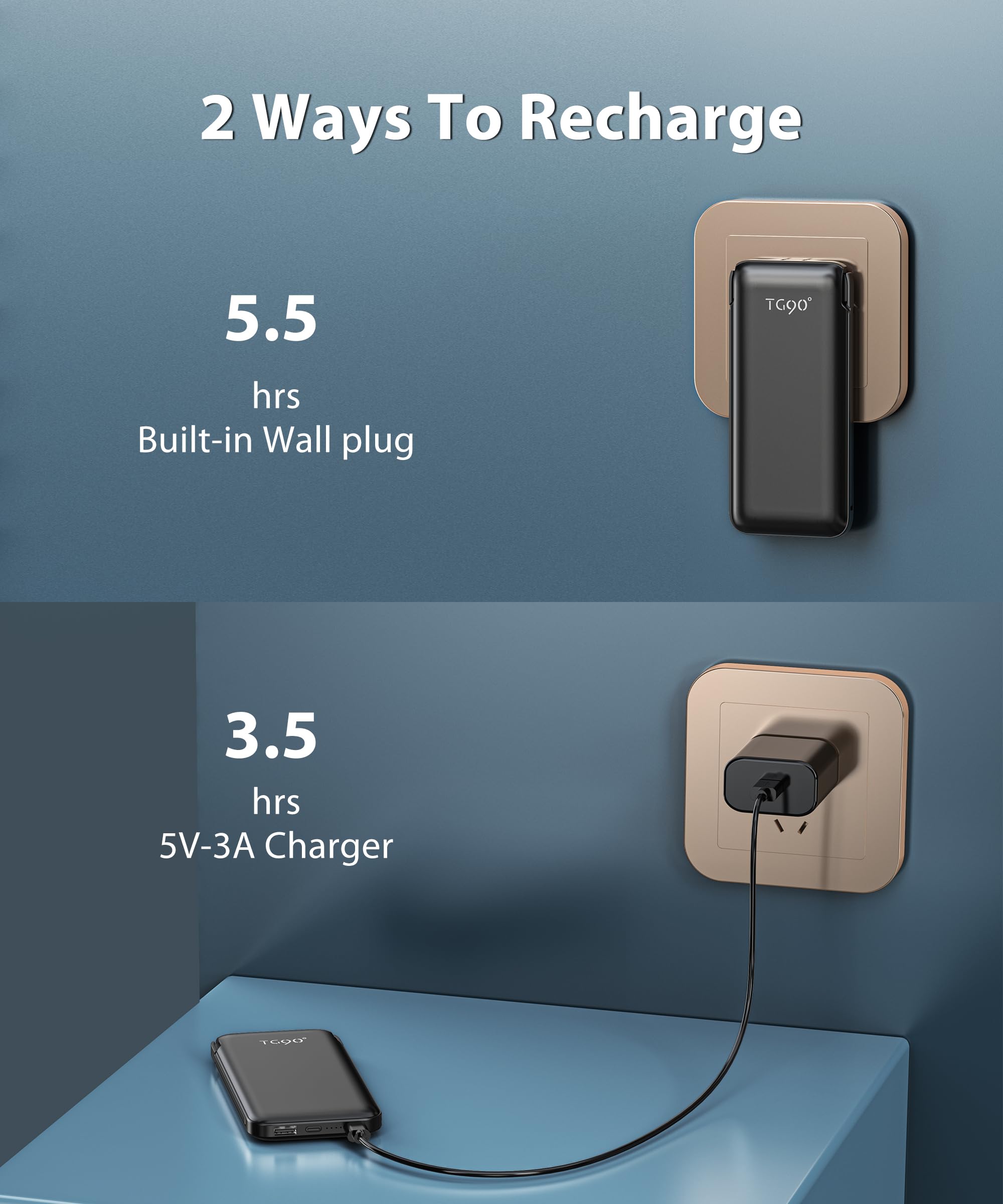 TG90° 10000mah Portable Charger with Built in Cables and AC Wall Plug, All in One Portable Phone Charger External Battery Packs Compatible with iPhone and Android Phones