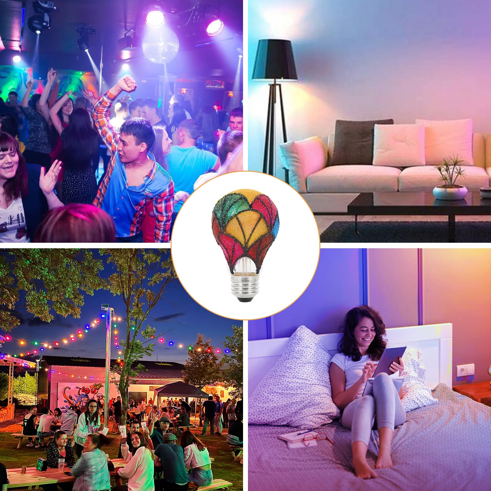 VALUCKY Stained Spherical LED Bulbs, Edison C35 Bulbs, 110V 3.5W LED Light Bulbs, Stained Glass Light Bulbs, Create Vibe, Great for Mood Light/Accent Light/Party Light, Standard E12 Base, 4Pack