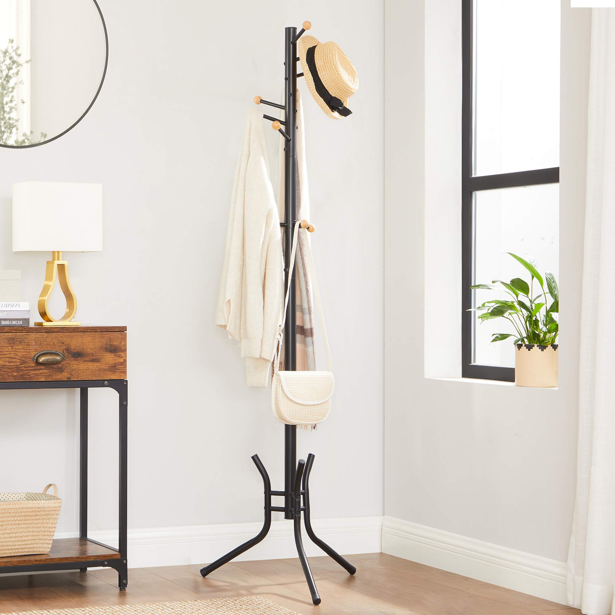 SONGMICS Coat Rack, Freestanding Metal Coat Tree with 6 Double Hooks, for Entryway, Bedroom, Living Room, Black URCR029B01